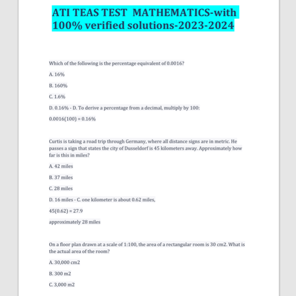 ATI TEAS TEST MATHEMATICS with correct verified solution ans - Inspire ...