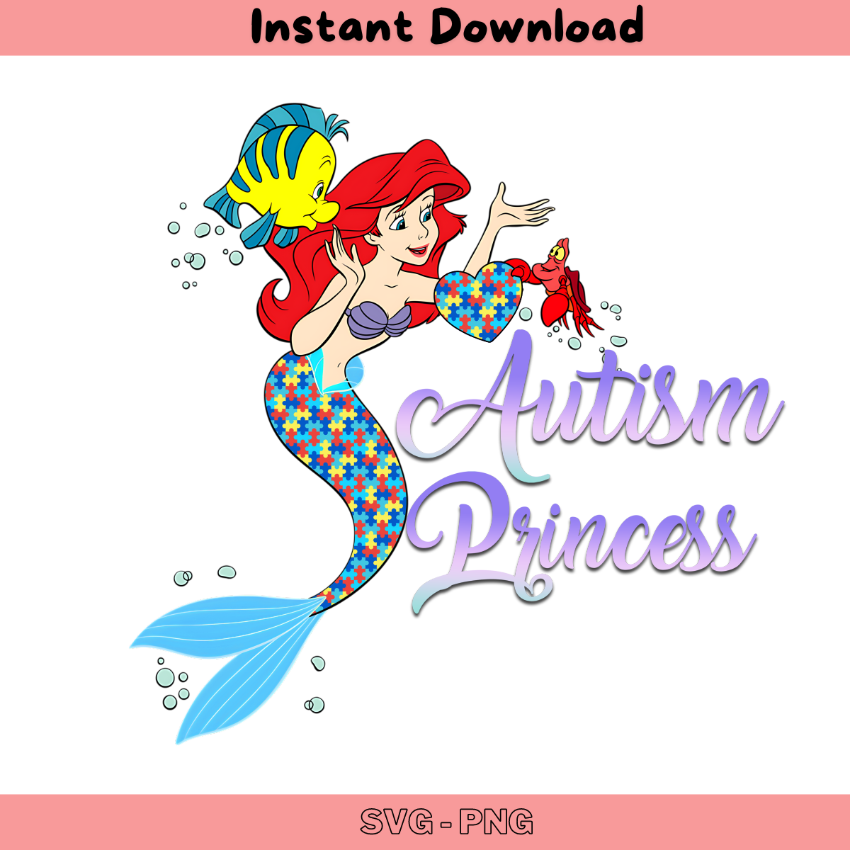 Retro Ariel Mermaid Autism Princess PNG Digital Download Fil | Inspire ...