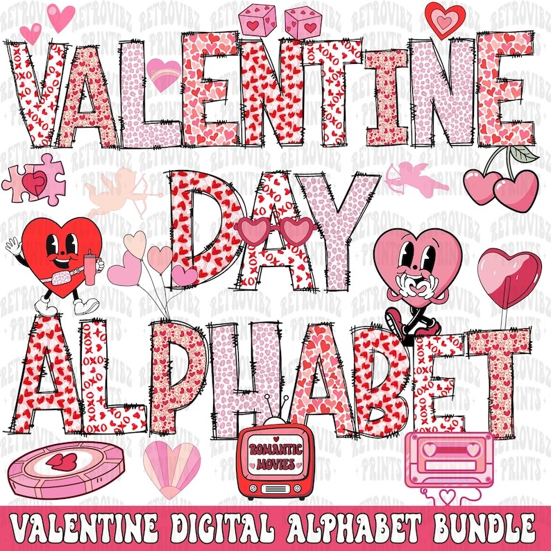 Valentine Day Alphabet PNG, Doodle Alpha Bundle, doodle font | Inspire ...