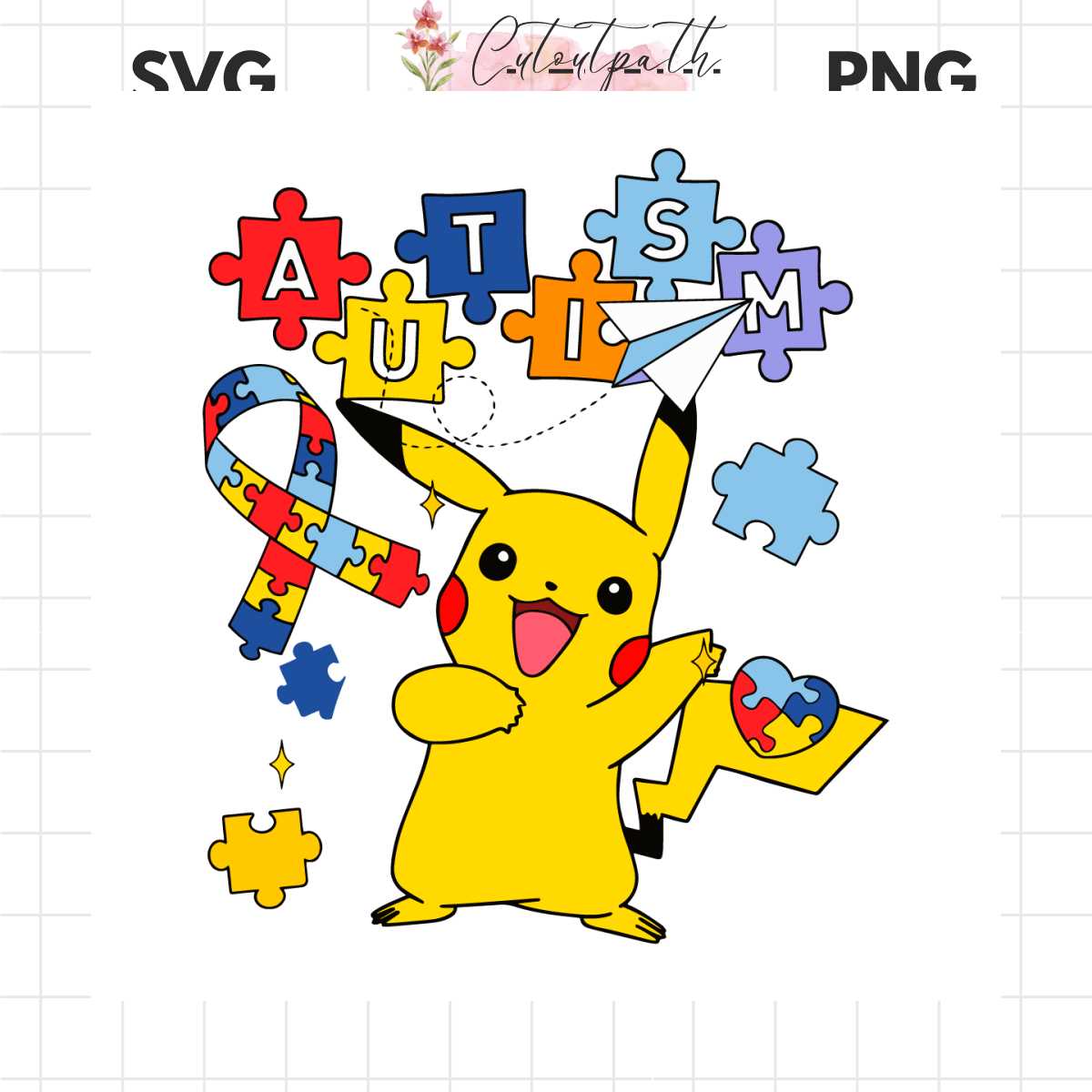 Pikachu Autism Ribbon Puzzle Pieces SVG | Inspire Uplift