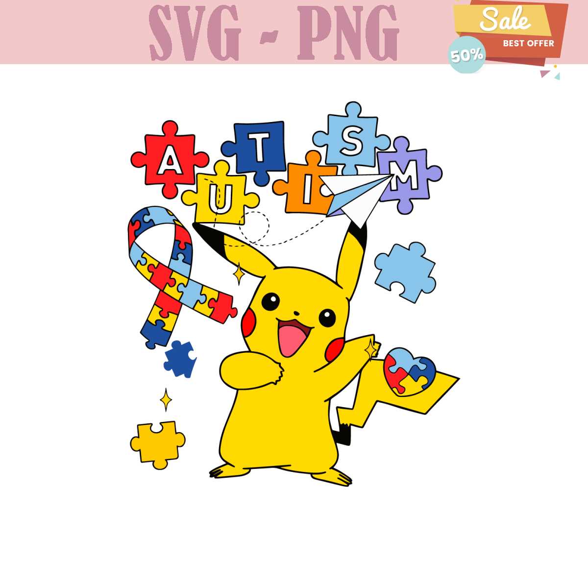 Pikachu Autism Ribbon Puzzle Pieces SVG | Inspire Uplift