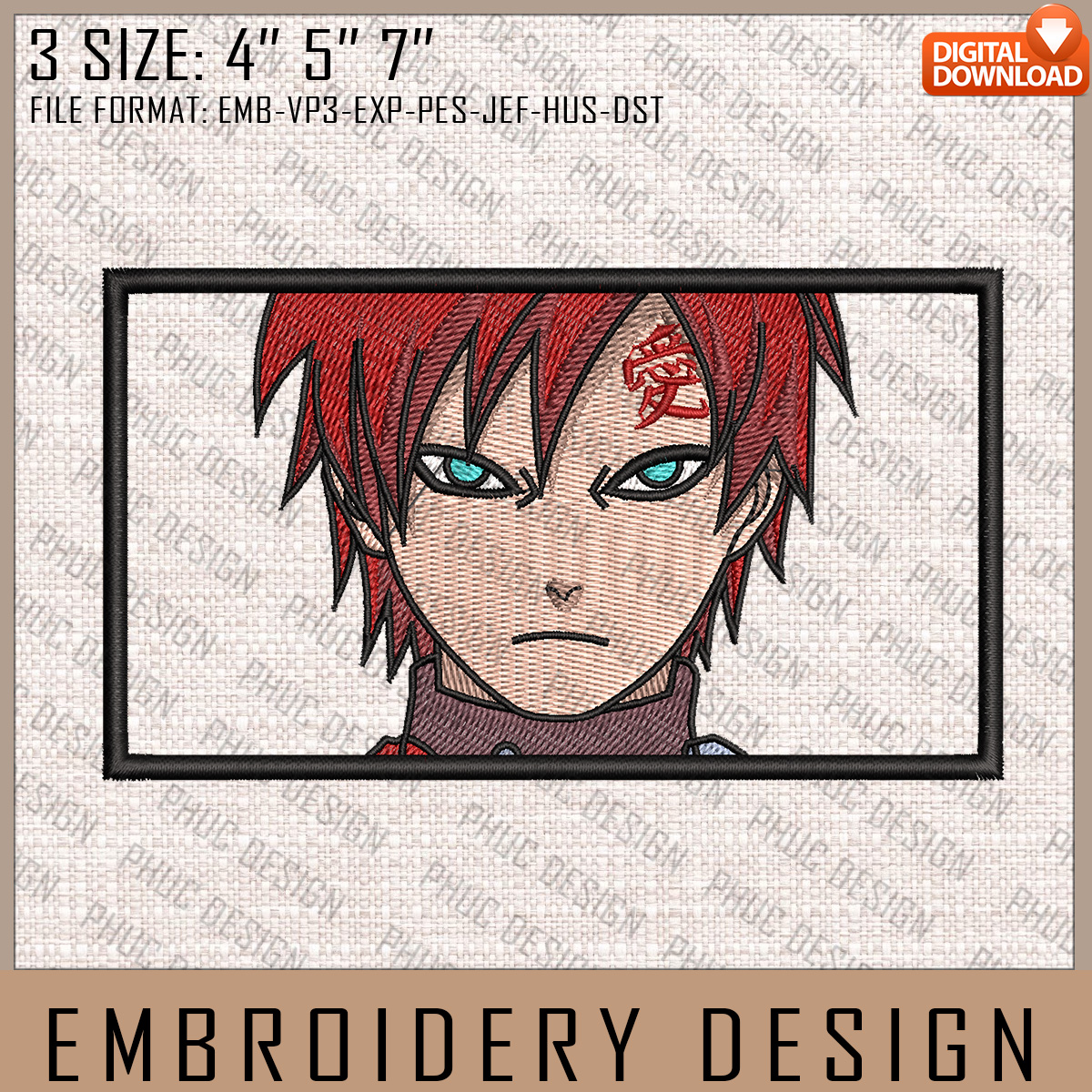 Gaara Embroidery Files, Naruto, Anime Inspired Embroidery De | Inspire ...