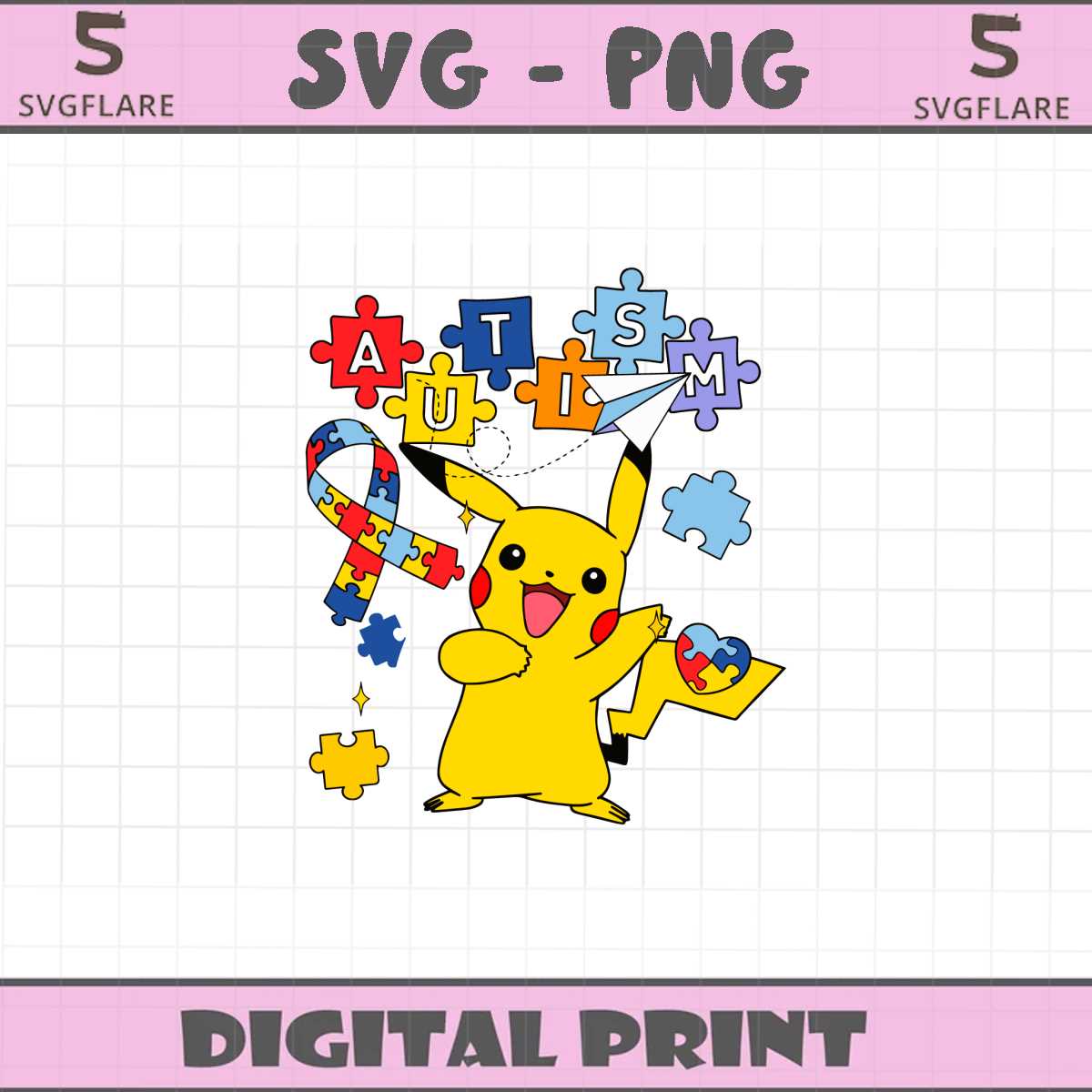 Pikachu Autism Ribbon Puzzle Pieces SVG | Inspire Uplift