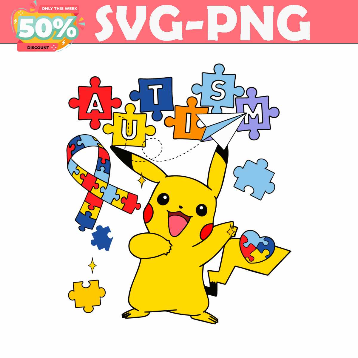 Pikachu Autism Ribbon Puzzle Pieces SVG | Inspire Uplift