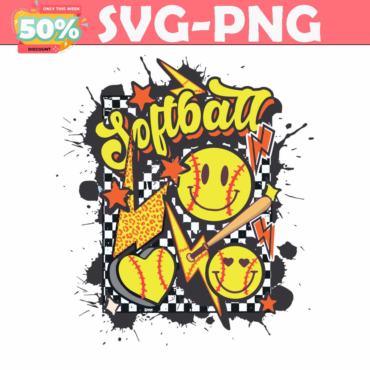 Retro Softball Smiley Face Baseball SVG | Inspire Uplift