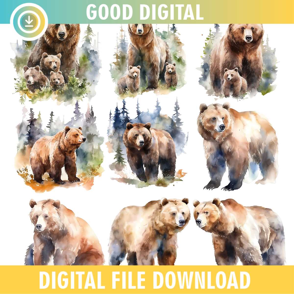 Grizzly Bear Watercolor Clipart, Grizzly Bear Cute Clip Art, | Inspire ...