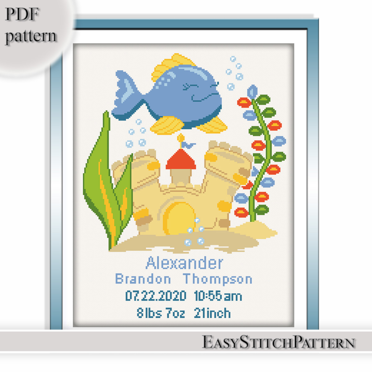 Birth announcement cross stitch pattern, cute fish | Inspire Uplift