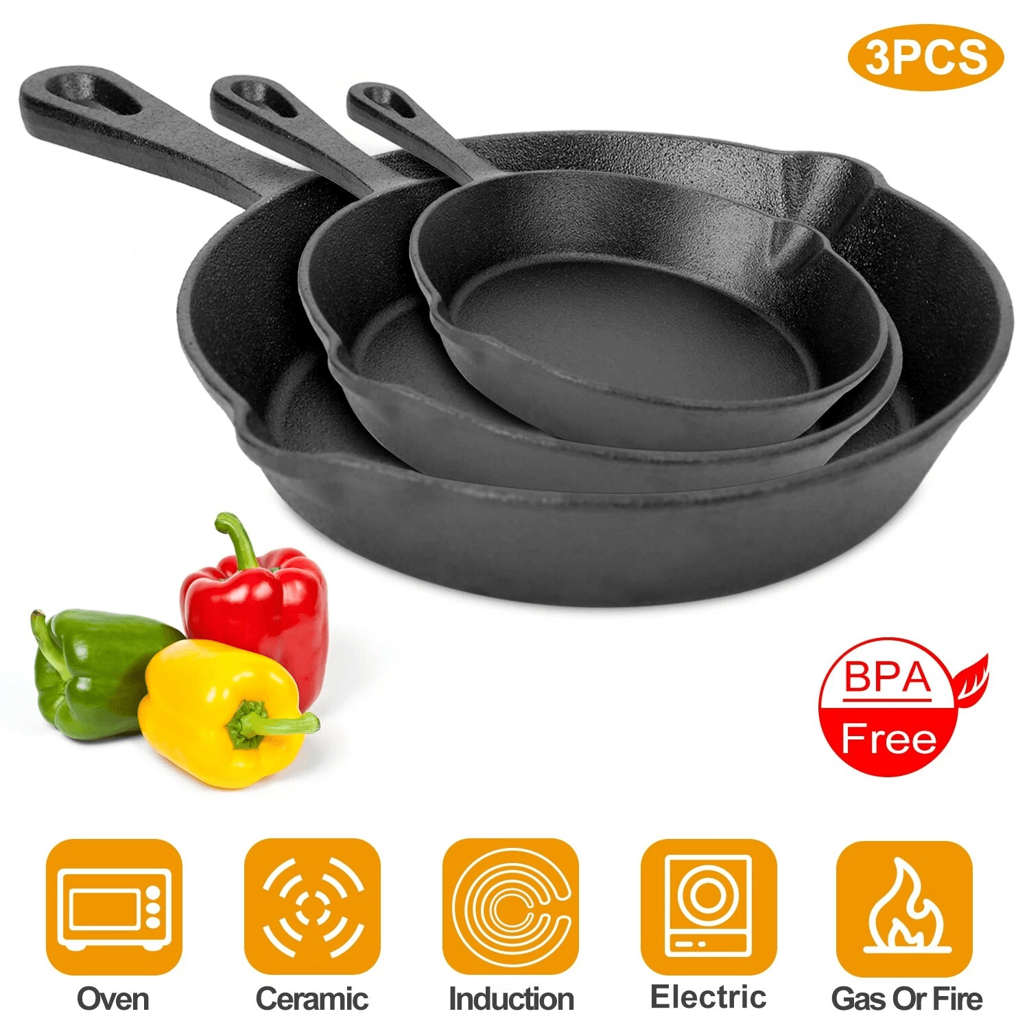3-Piece Cast Iron Skillet Set – Non-Stick Pans | Inspire Uplift