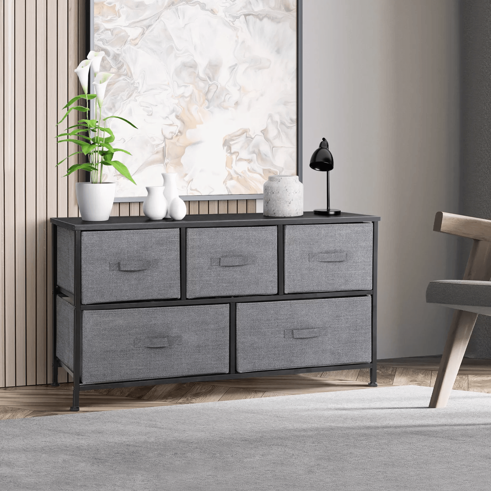 Dark Grey 5 Drawer Fabric Dresser Chest | Inspire Uplift