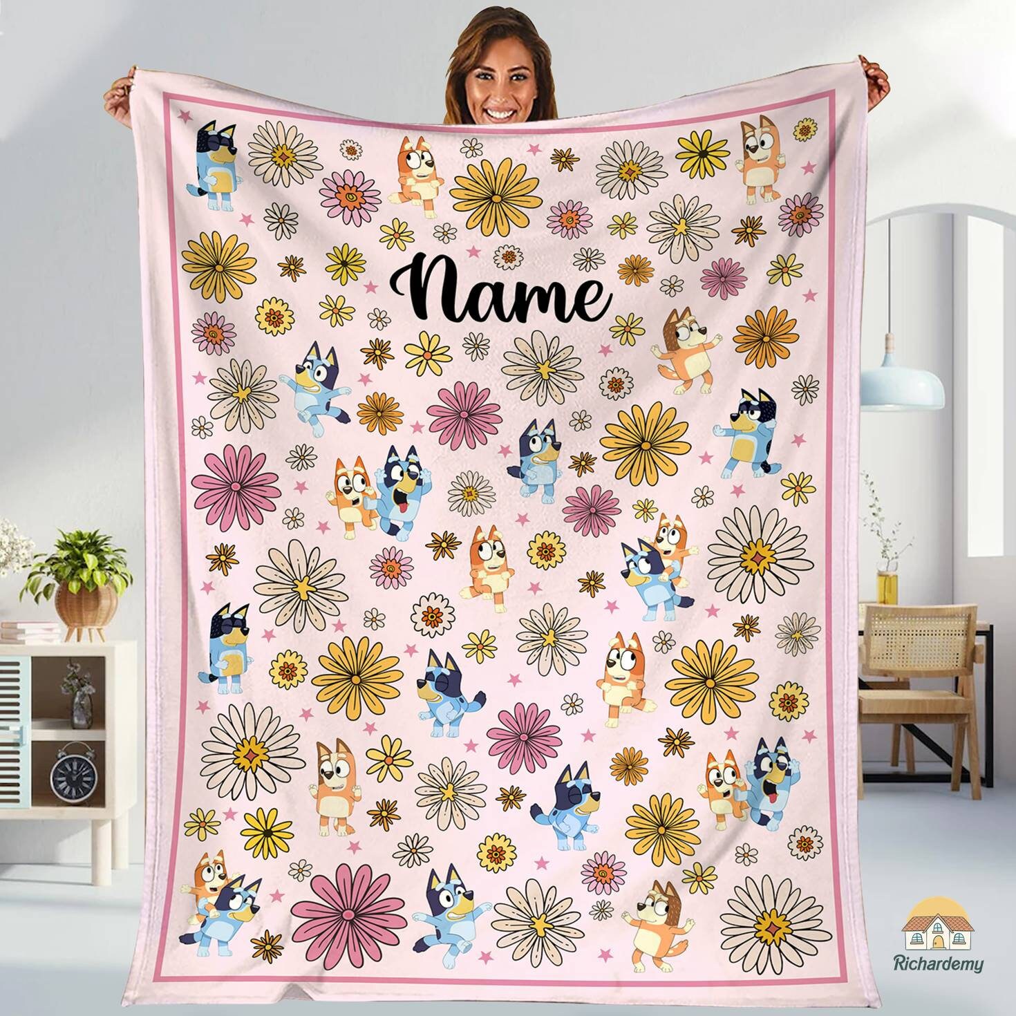 Personalized Floral Bluey Blanket, Bluey Family Soft Cozy Fl - Inspire ...