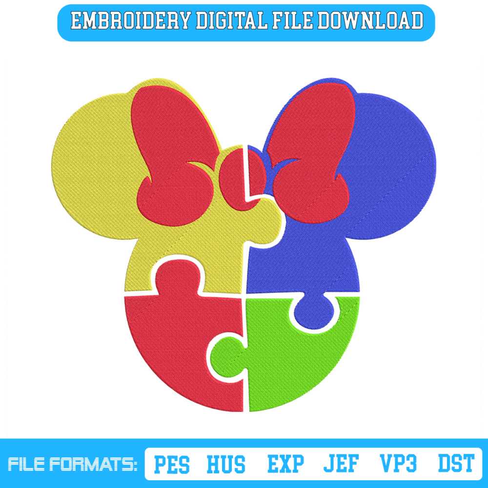 Minnie Autism Head Embroidery Designs File, Disney Mickey | Inspire Uplift