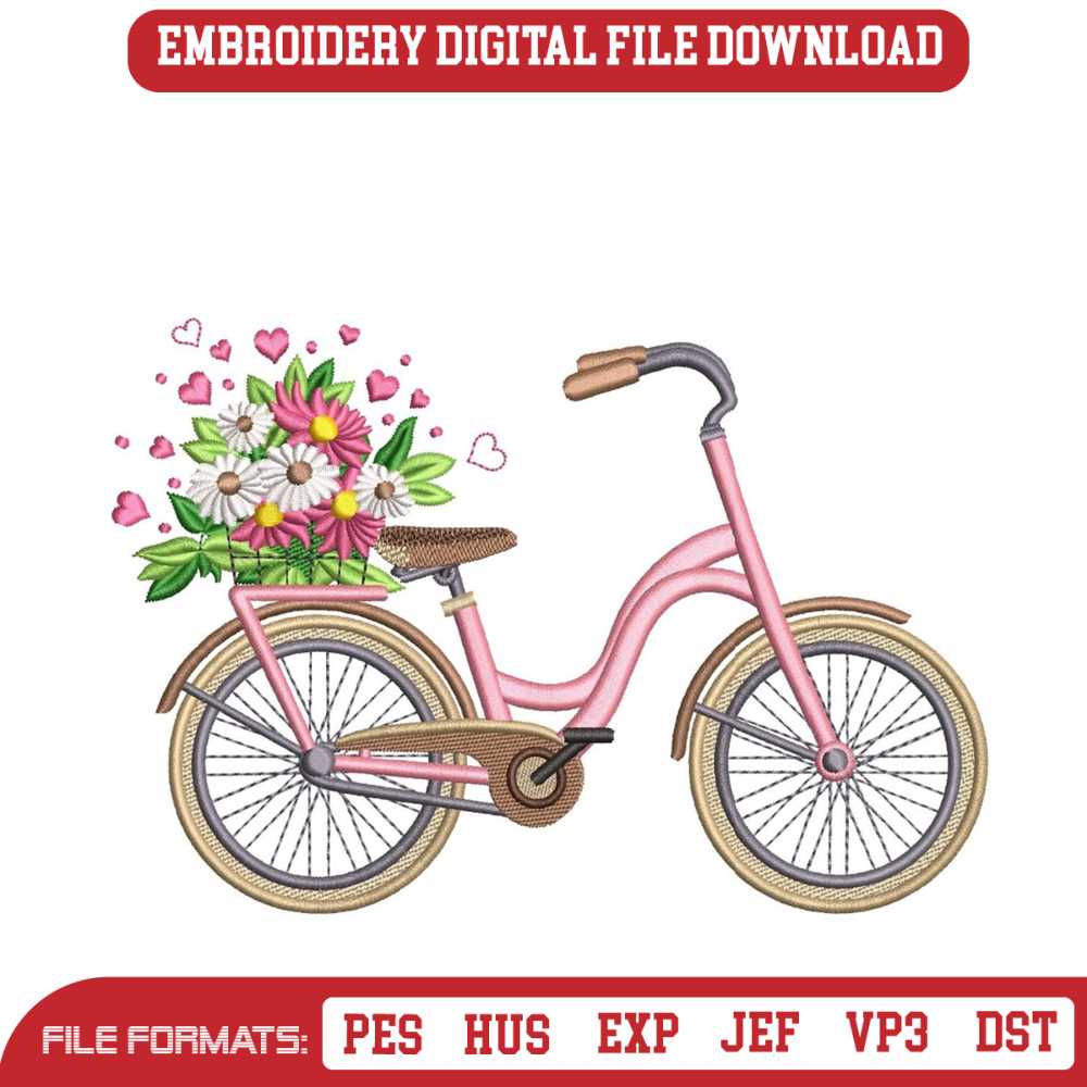 Floral Bike Embroidery Design, 4 sizes, Instant Download | Inspire Uplift