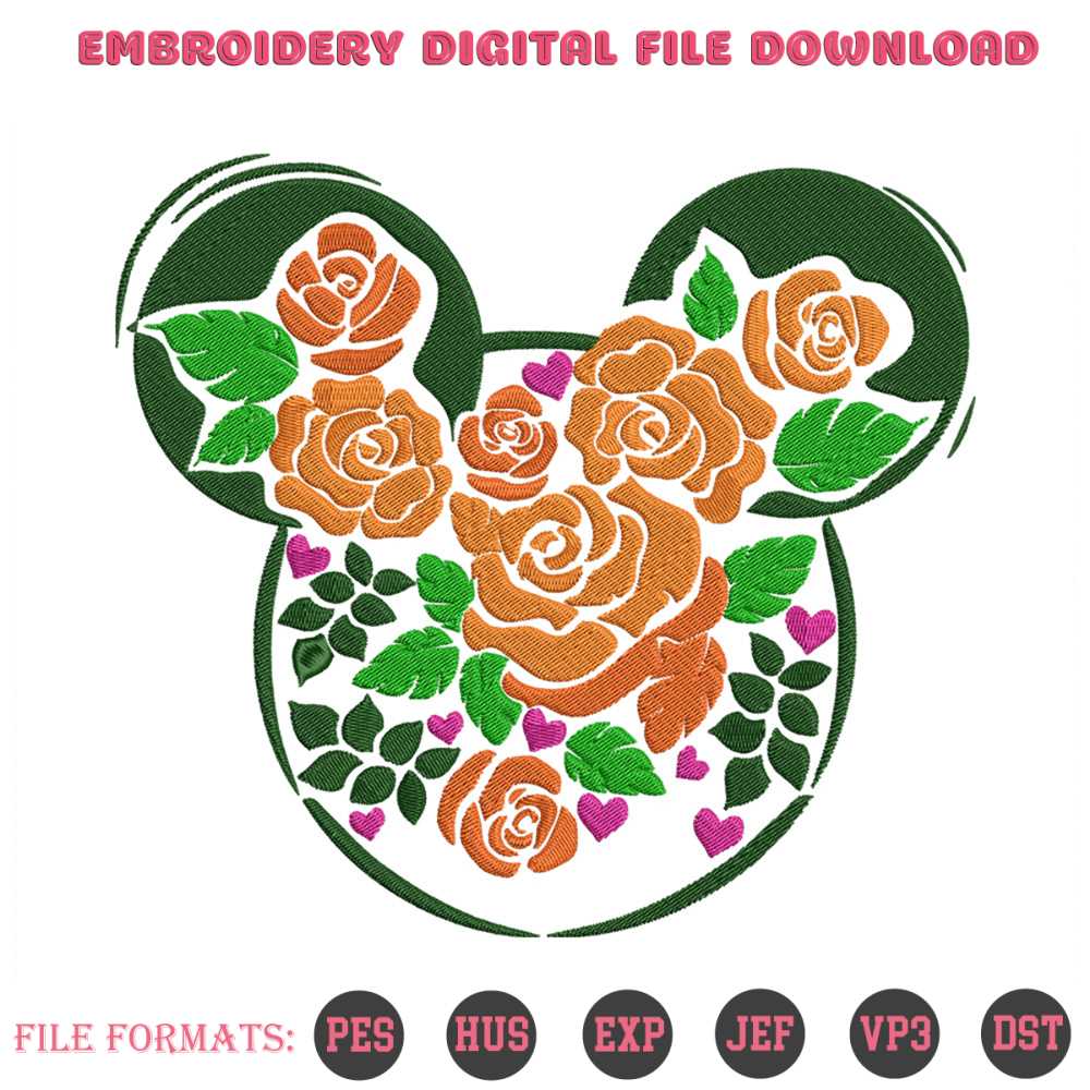 Mickey Head Flower Embroidery Designs File, Disney Mickey - Inspire Uplift
