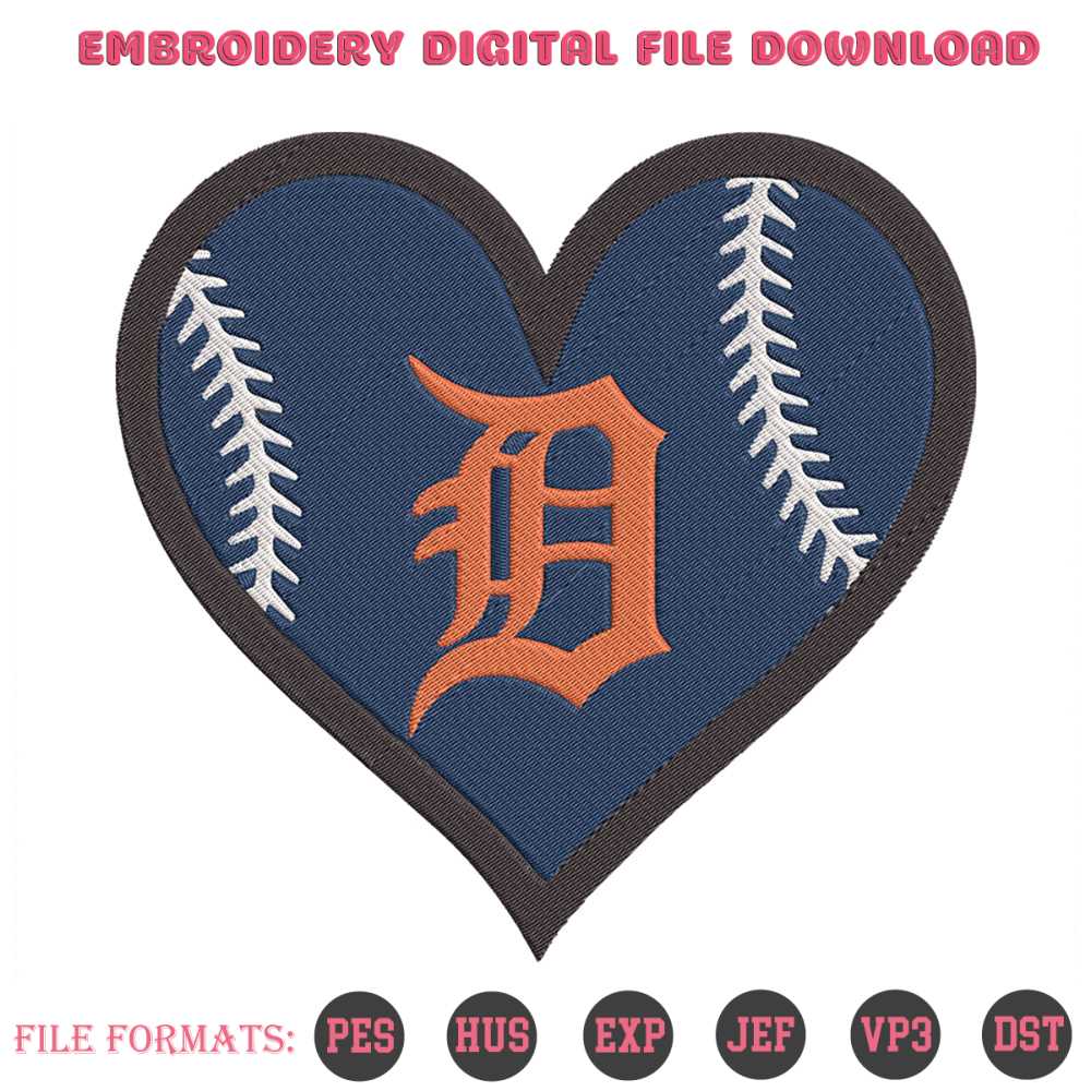 Baseball Heart Logo D Square Embroidery Designs File, Detroi | Inspire ...