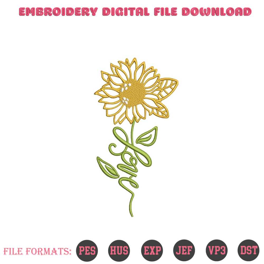 Sunflower Embroidery Design, 5 sizes, Instant Download | Inspire Uplift