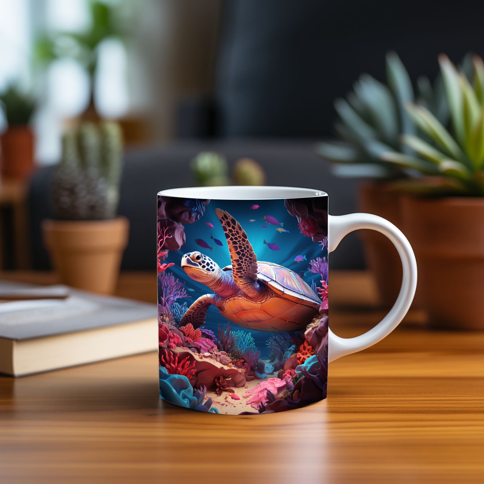 3D Sea Turtle Saying Hi in Coral Reef Cave Mug, 11oz 15oz C | Inspire ...