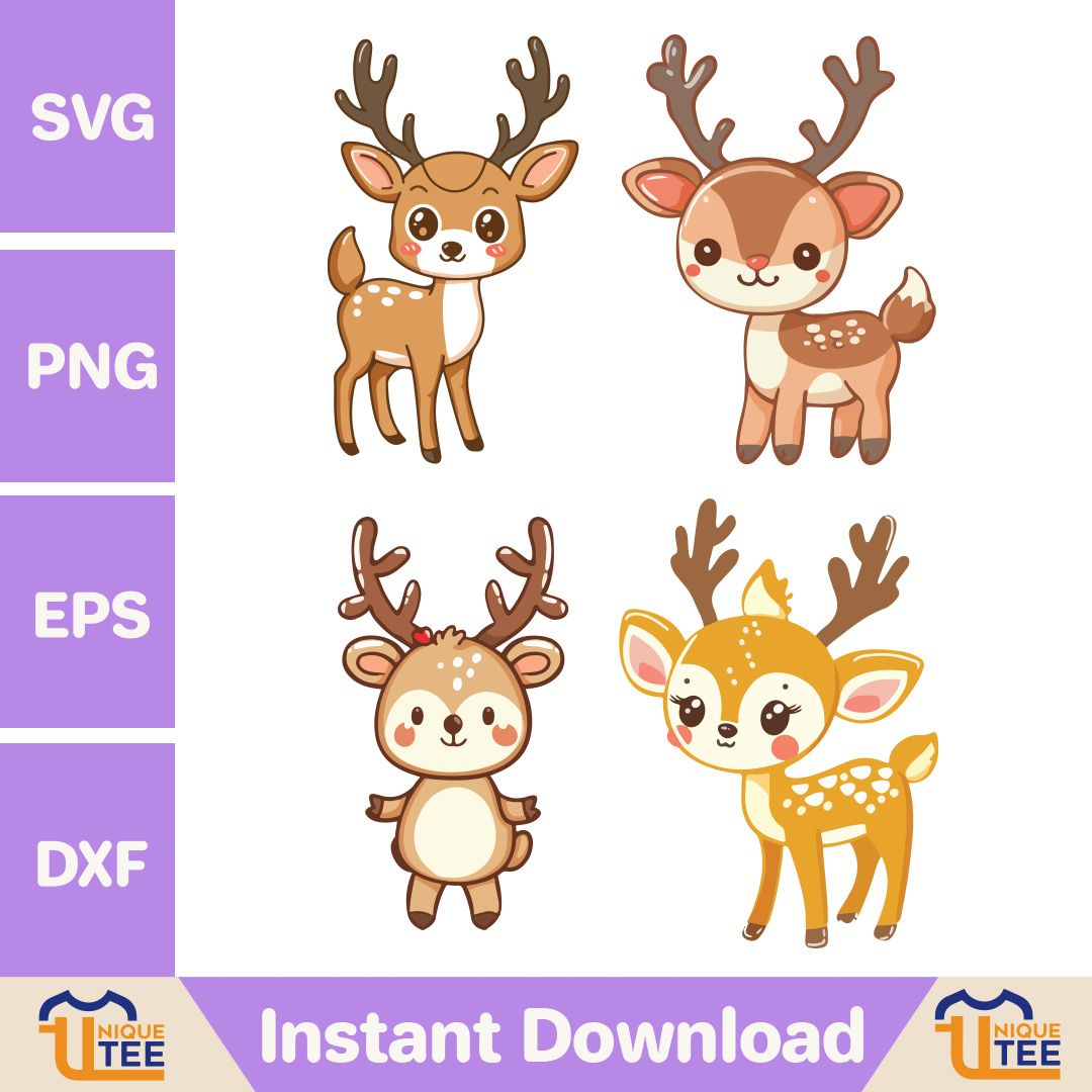 Kawaii Deer Illustration SVG Bundle, Chibi Deer Vector Art C | Inspire ...