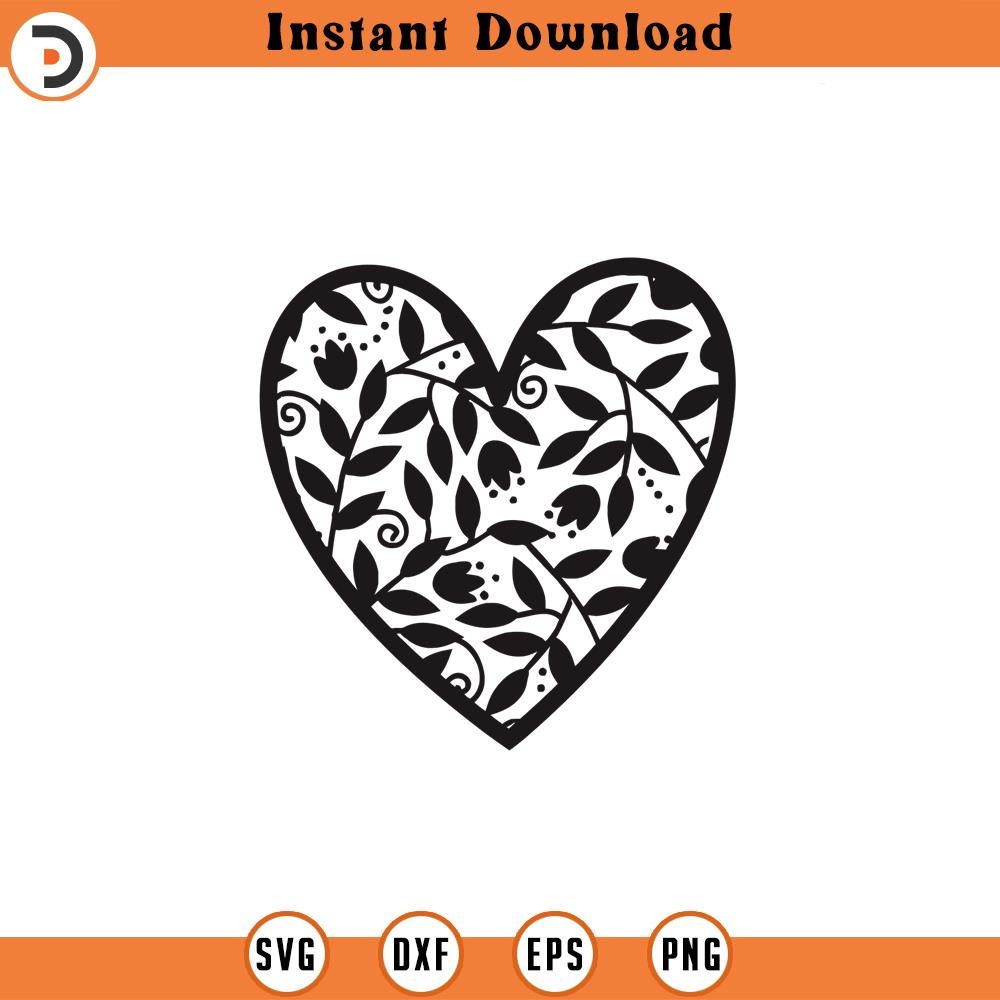 Leaves Pattern Heart Svg, Heart SVG, Hand-drawn Heart svg, V | Inspire ...