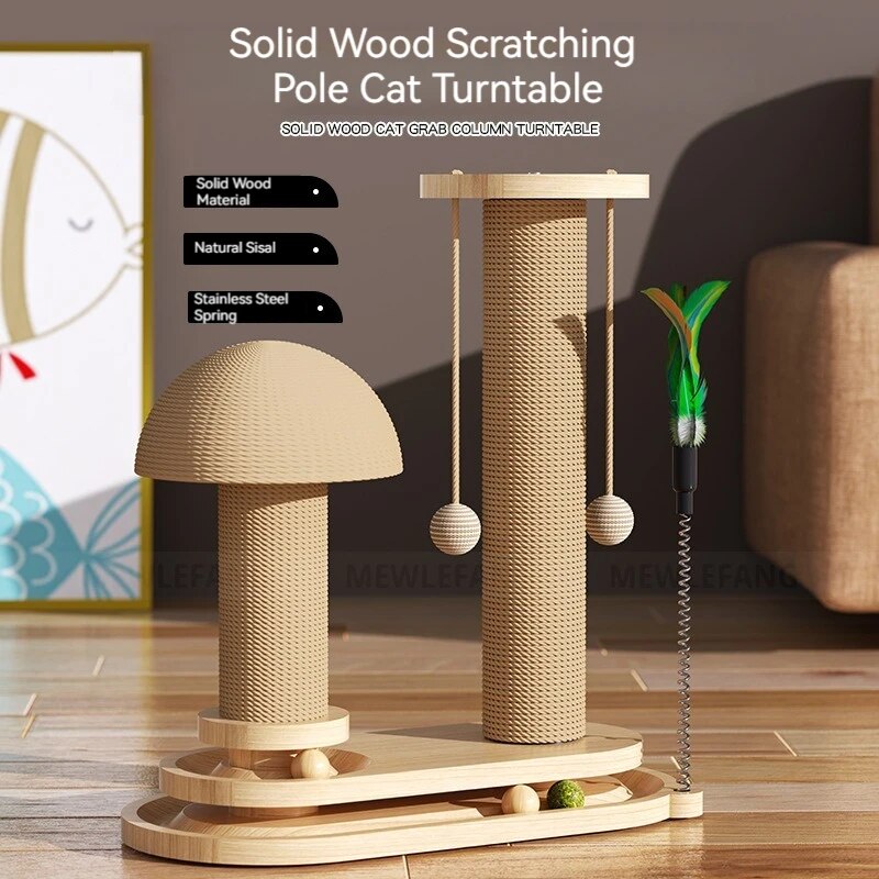 Solid Wood Pet Cat Turntable Scratch Pillar with Sisal Climb | Inspire ...