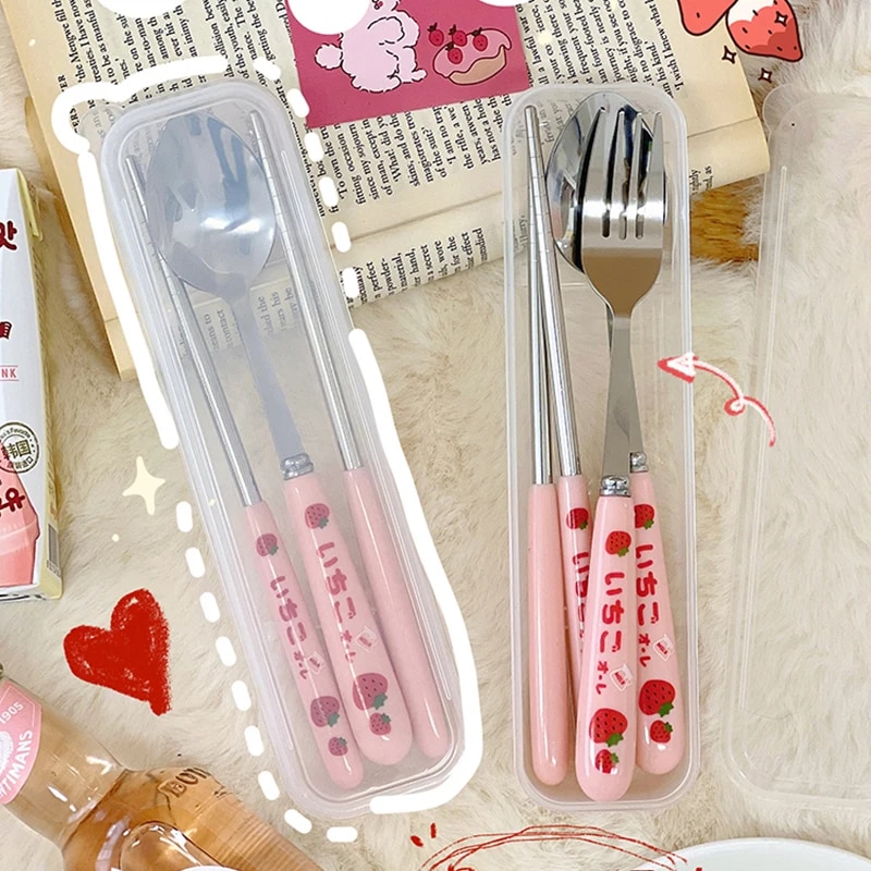 Cute Strawberry Korean Cutlery Set with Case - Portable Stai | Inspire ...