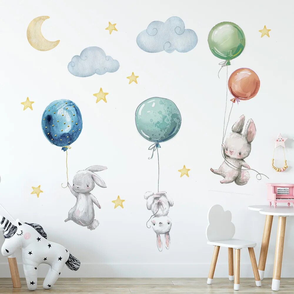 Cute Flying Rabbits Wall Stickers Moon Star Cloud Decal for | Inspire ...
