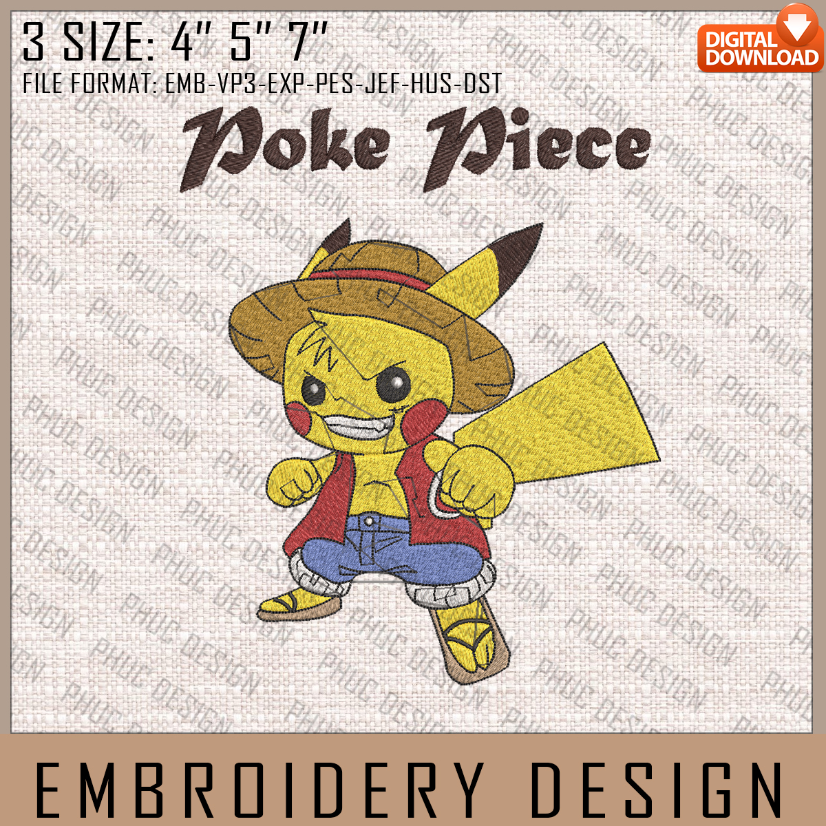 Pikachu Cosplay Luffy Embroidery Files, One Piece x Pokemon, - Inspire ...