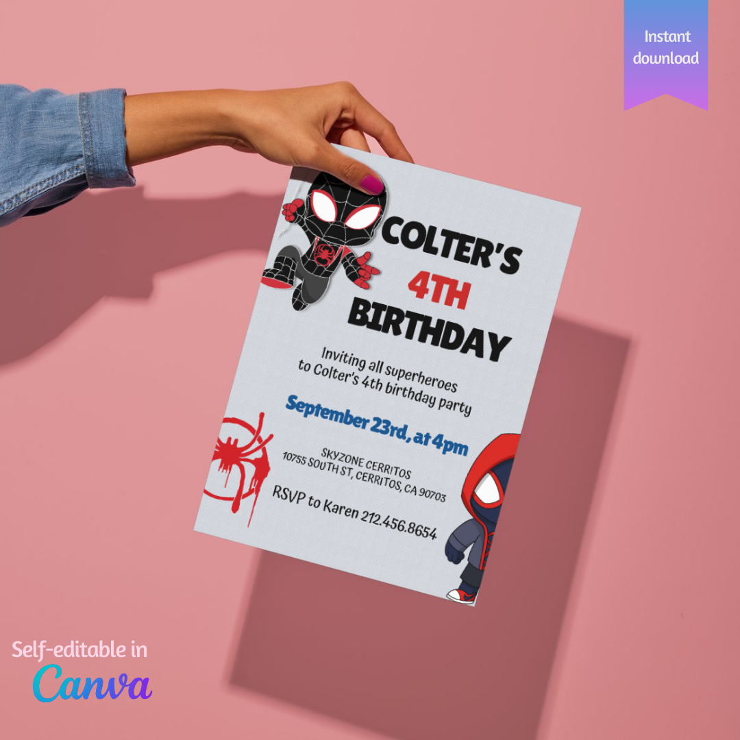 Black spidey birthday invitation template for boys, Self edi | Inspire ...