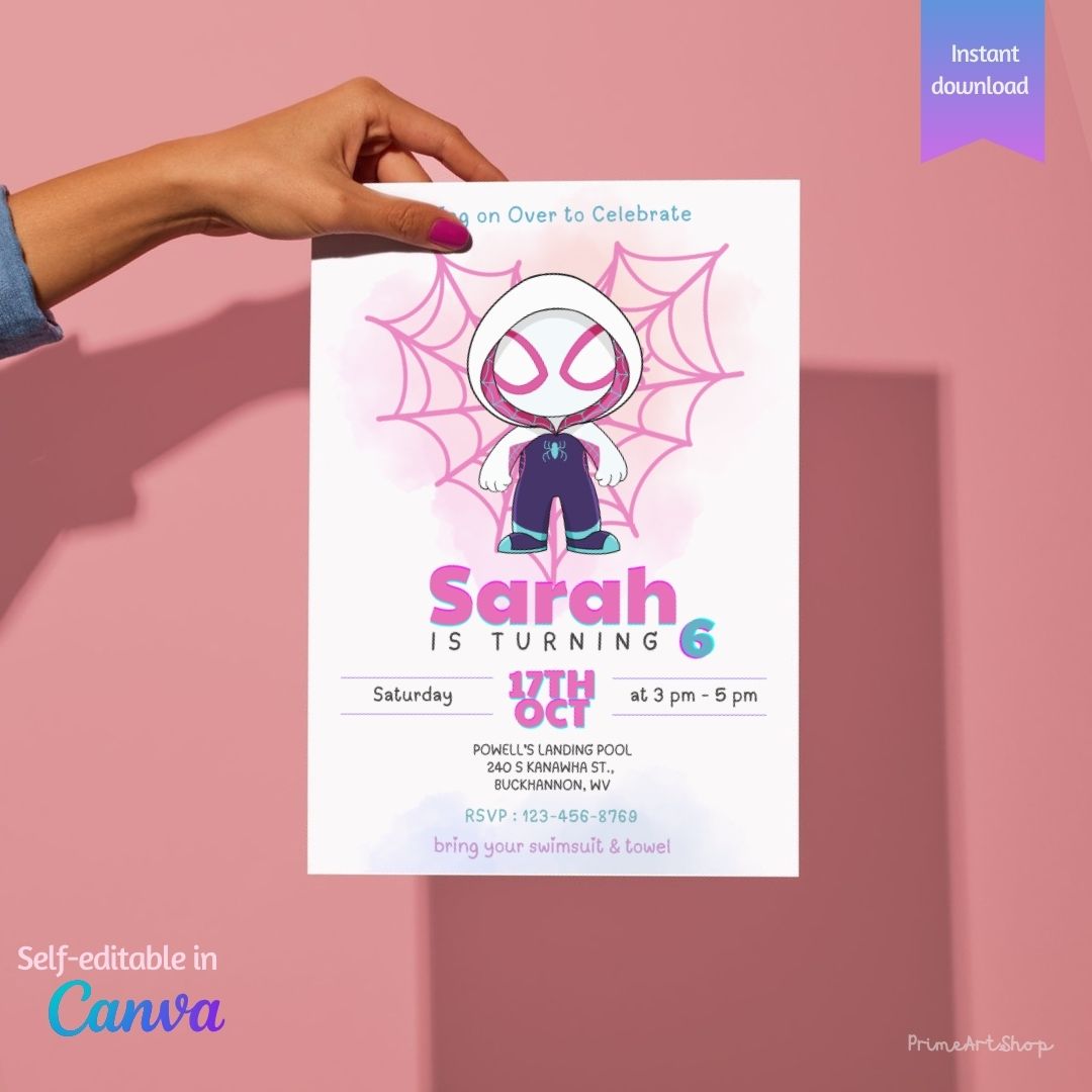 Cute Spidey ghost birthday invite, Spider girl Gwen invitati | Inspire ...