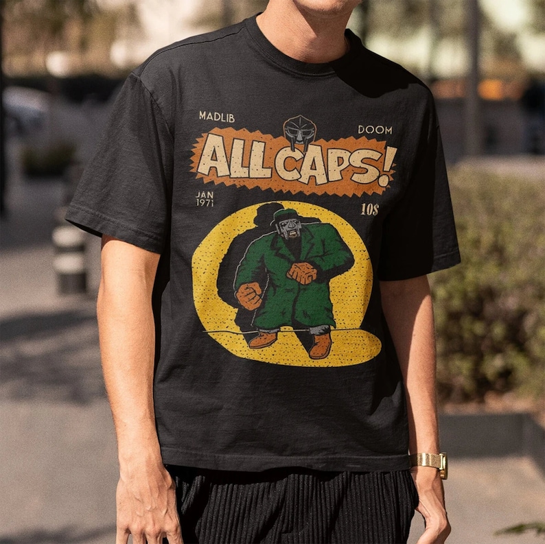 MF DOOM All Caps Shirt - Distressed Vintage Hip Hop Tee | Inspire Uplift