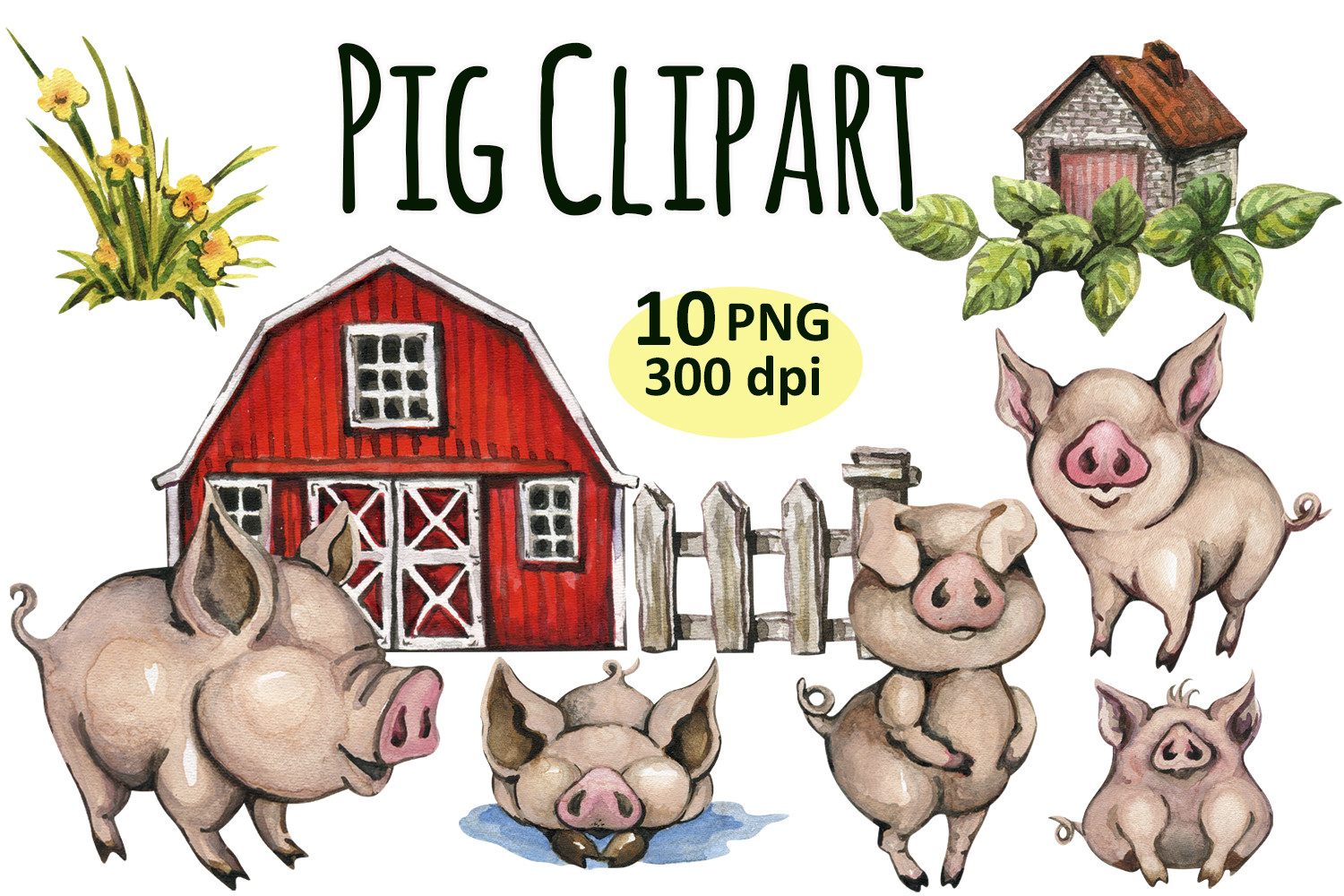 Watercolor Pig Clipart Png Bundle, Summer Clipart, Barn Clip | Inspire ...