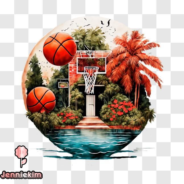 Scenic Basketball Court with Palm Trees and Pool PNG Design | Inspire ...