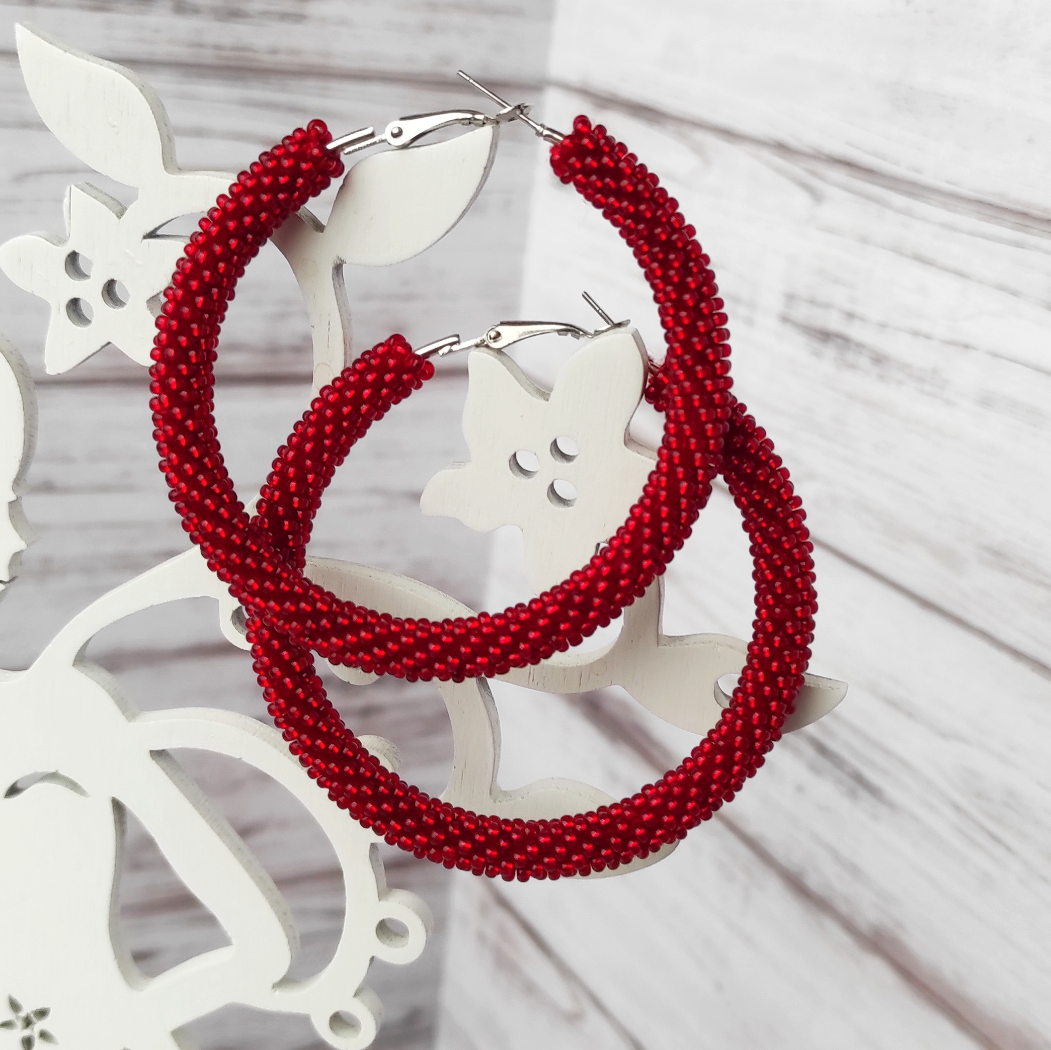 Red Seed Bead Earrings, Big Red Beaded Hoop Earrings, Statem | Inspire ...