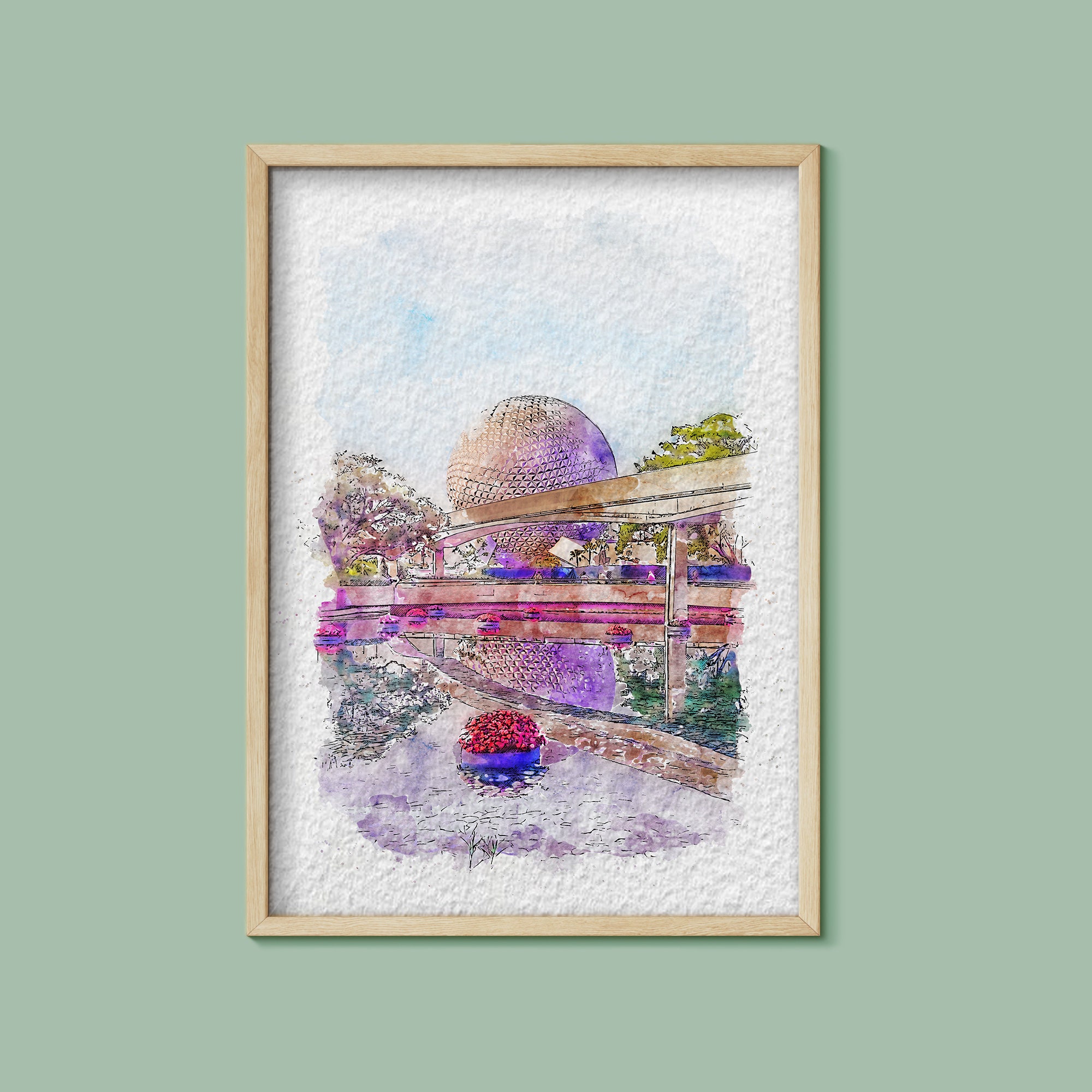 Epcot Sunset Watercolour Print, Spaceship Earth Print, Walt | Inspire ...
