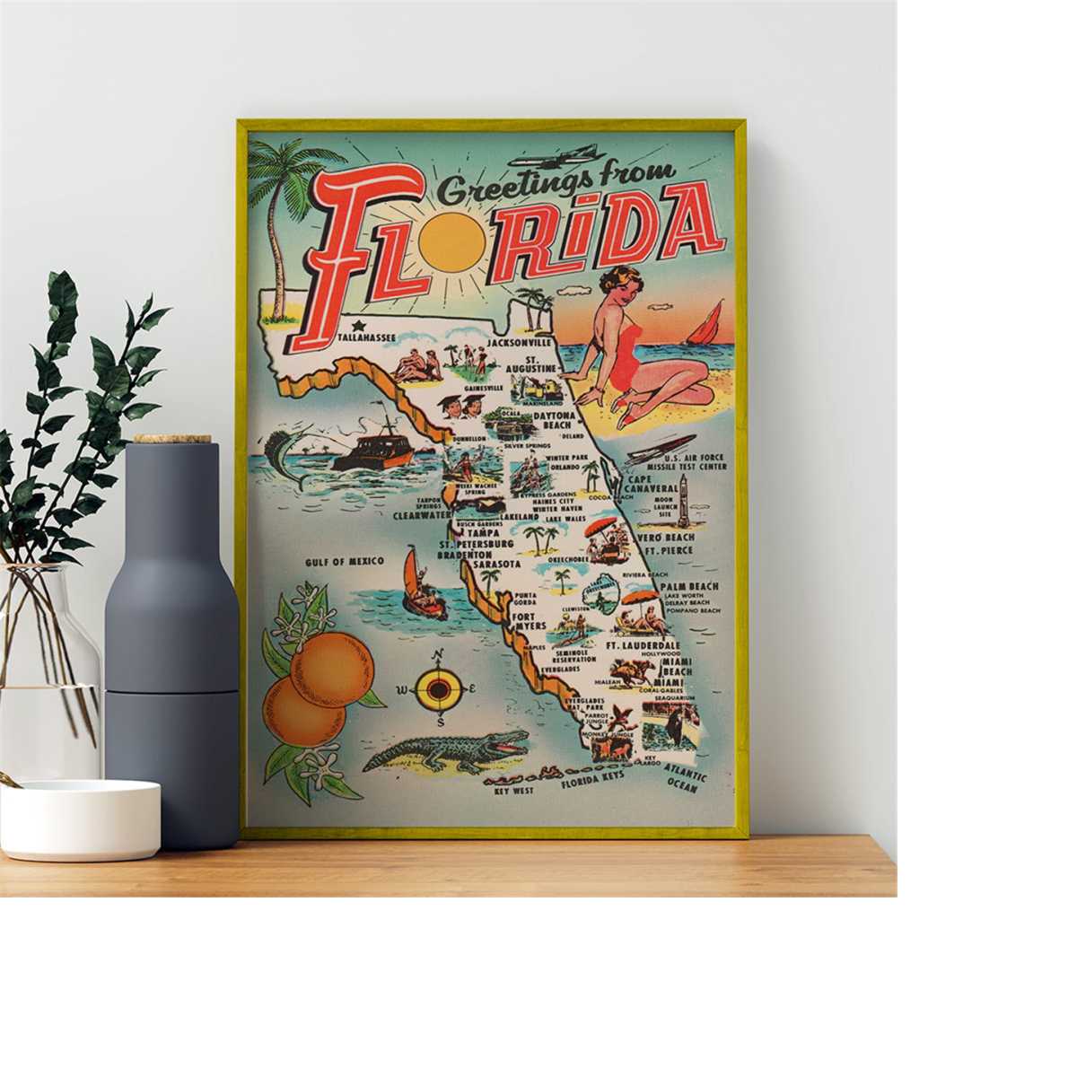Florida Tourism Tourist Map Vintage Travel Poster | | Inspire Uplift