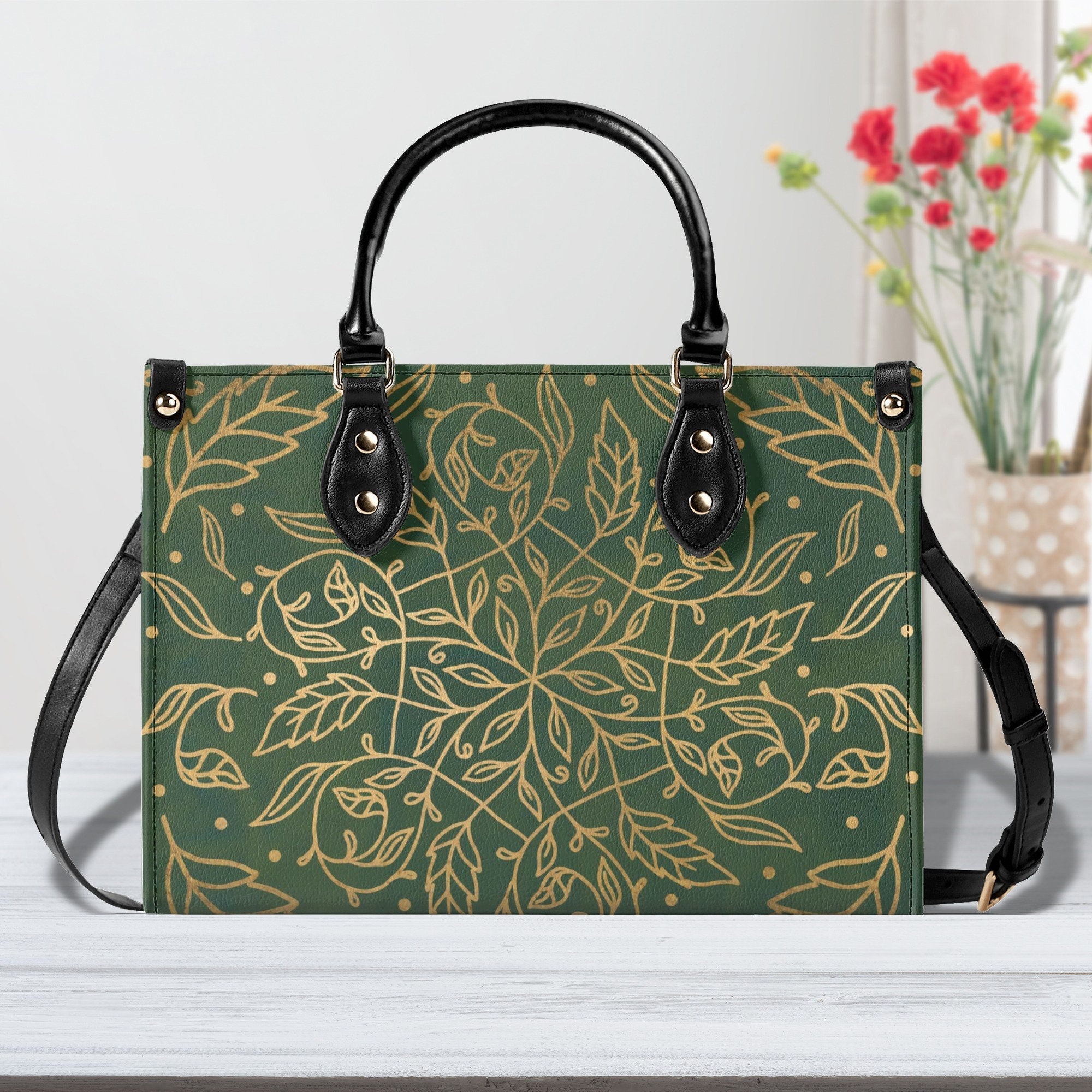 Elegant Green Leaf Mandala Purse, Vegan Leather Hand Bag, Un | Inspire ...