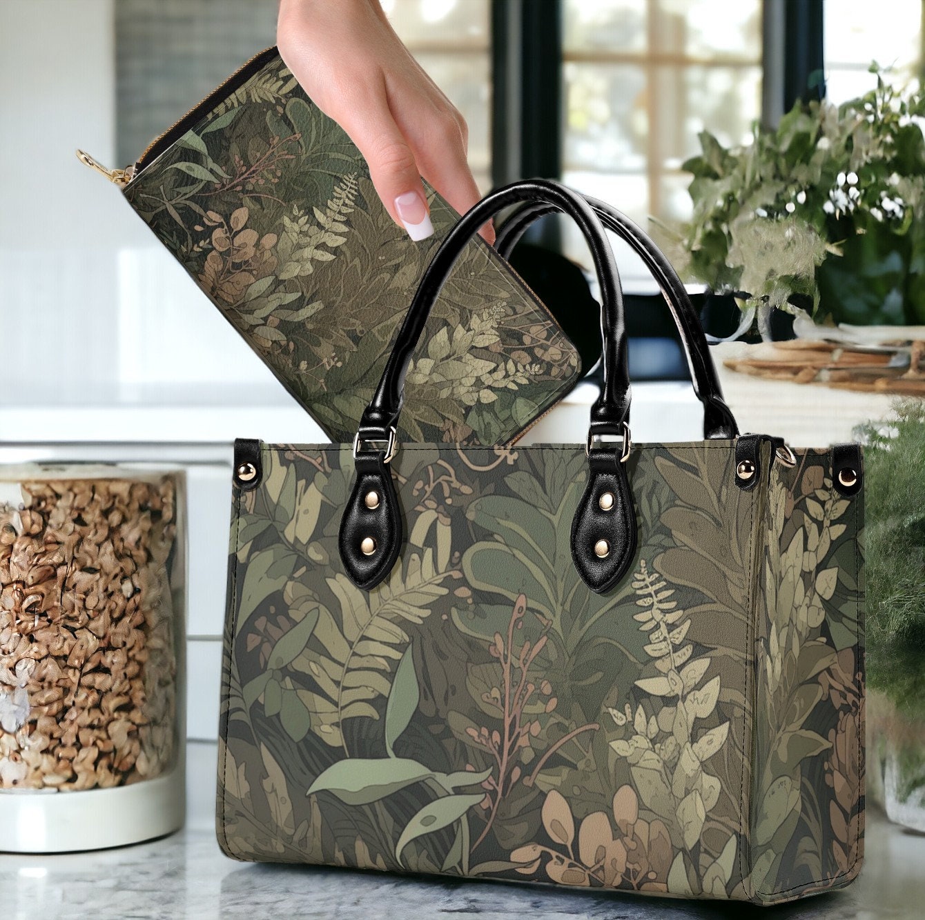 Botanical Tropical Olive Green Forest Foilage Top Handles Ve | Inspire ...