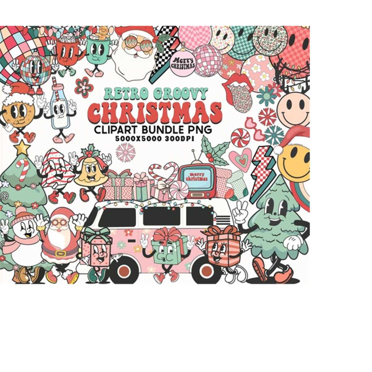 Retro Groovy Christmas Clipart PNG Bundle, Christmas Clipart | Inspire ...