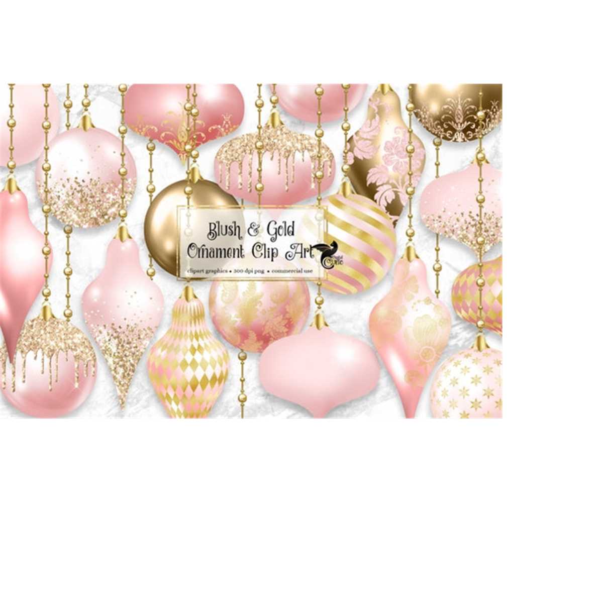 Blush and Gold Christmas Ornaments Clipart, pink digital gli | Inspire ...