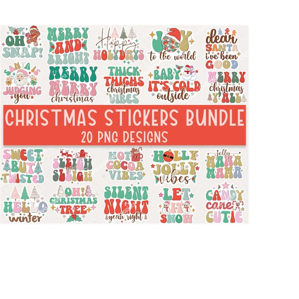 Christmas Stickers Png Bundle, Retro Digital Christmas Print | Inspire ...