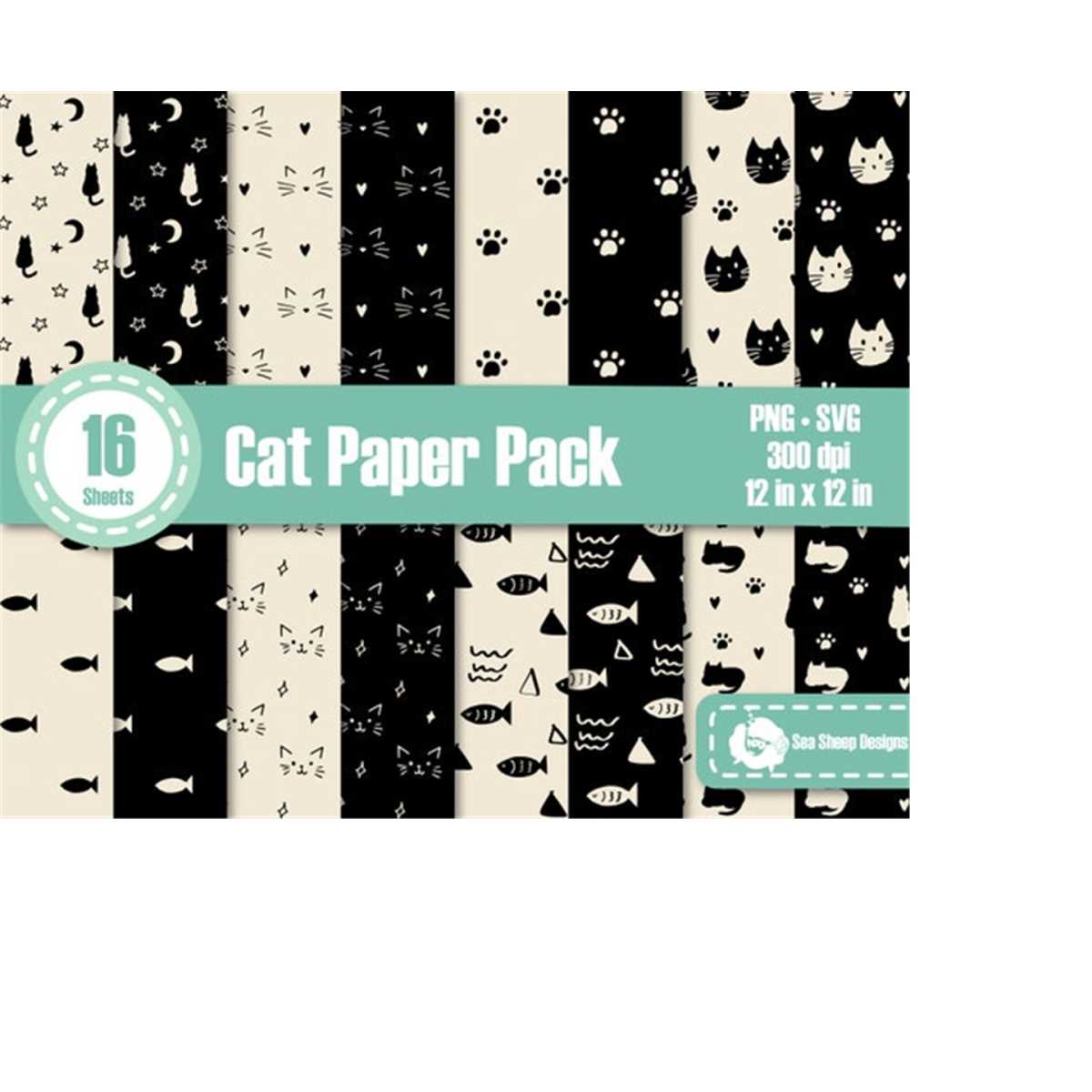 Cat Digital Paper Pack in Black and White/ Cute animal patte | Inspire ...