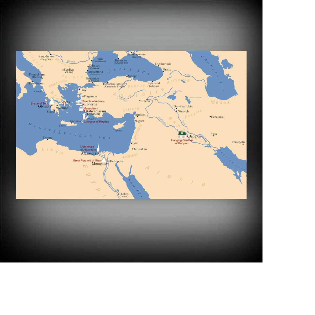 Seven Wonders of the Ancient World map, world map canvas Map | Inspire ...