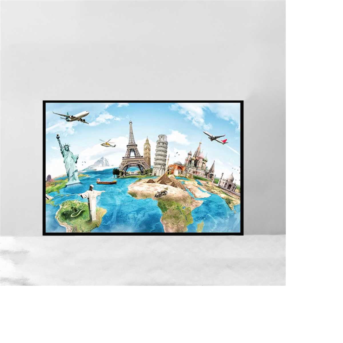 World Map Famous Monuments Landmarks Large Poster - High Qua | Inspire ...