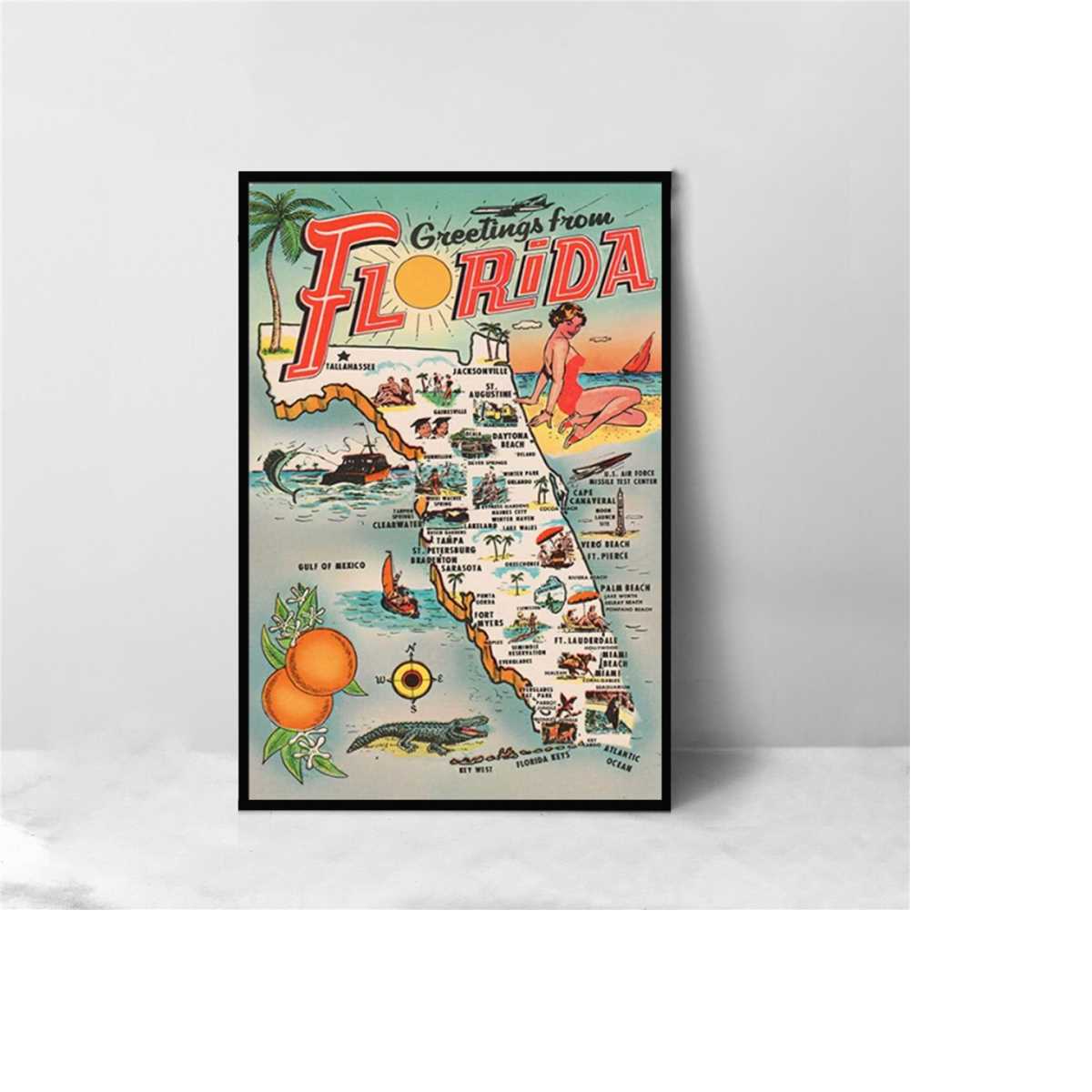 Florida Tourism Tourist Map Vintage Travel Poster - High Qua | Inspire ...