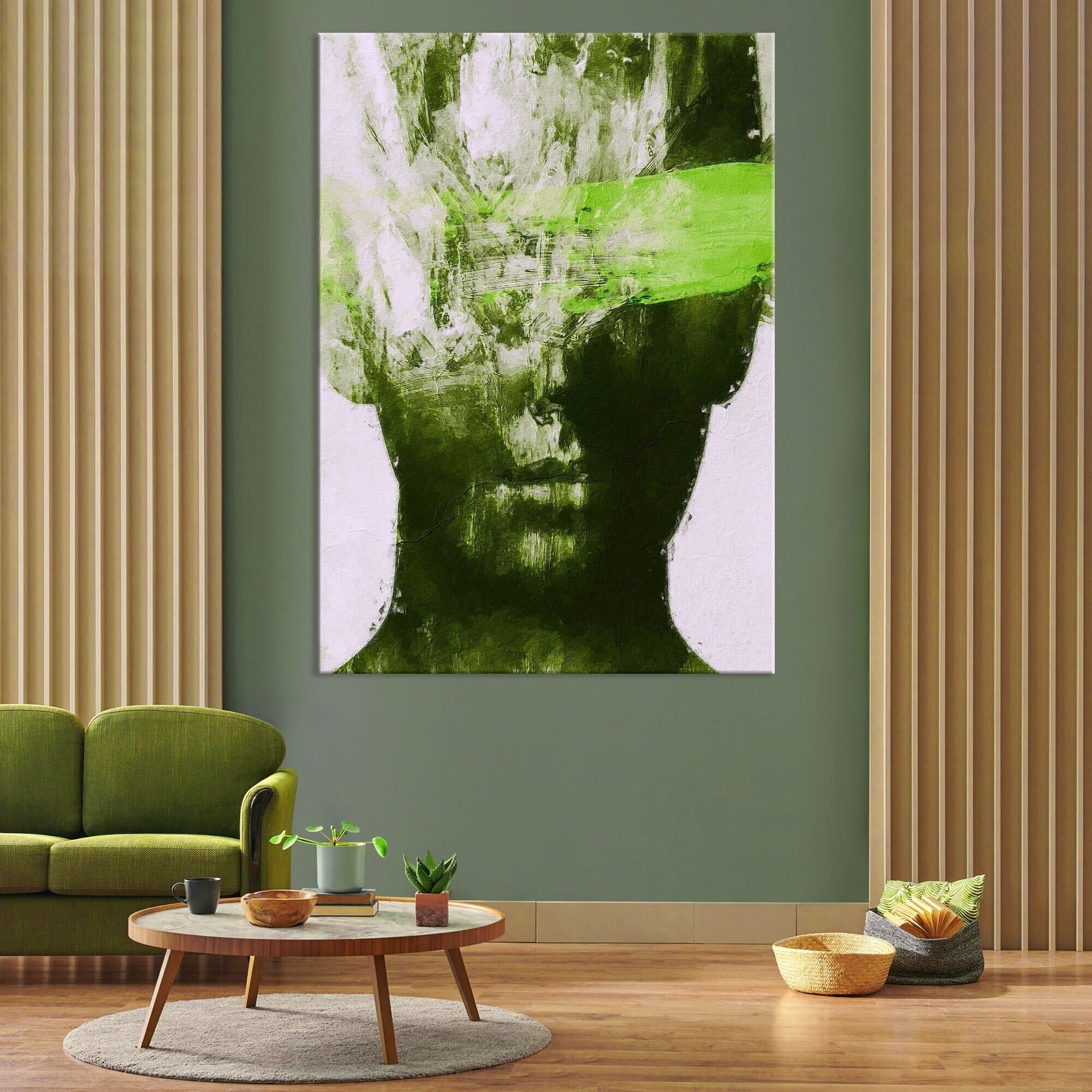 Abstract Face Art Canvas, Green Wall Art Living Room Decor, - Inspire ...
