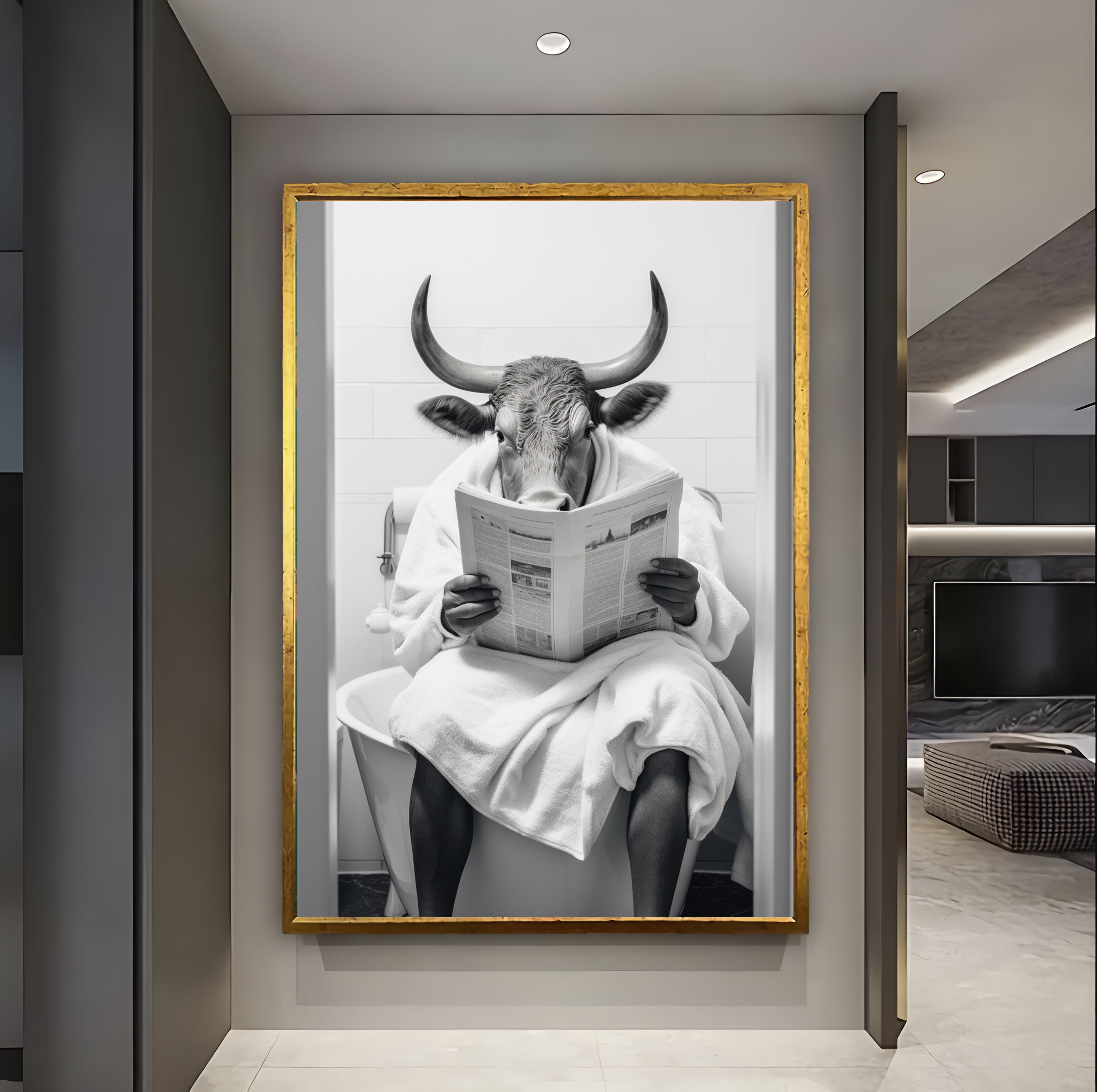 Cow themed wall art reading newspaper, Cow Wall Art, Farmhou | Inspire ...