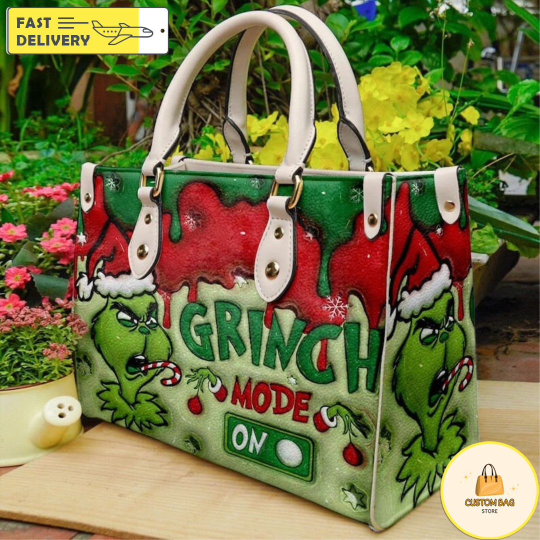 Christmas Grinch Mode On Handbag, Leather Christmas Handbag, | Inspire ...