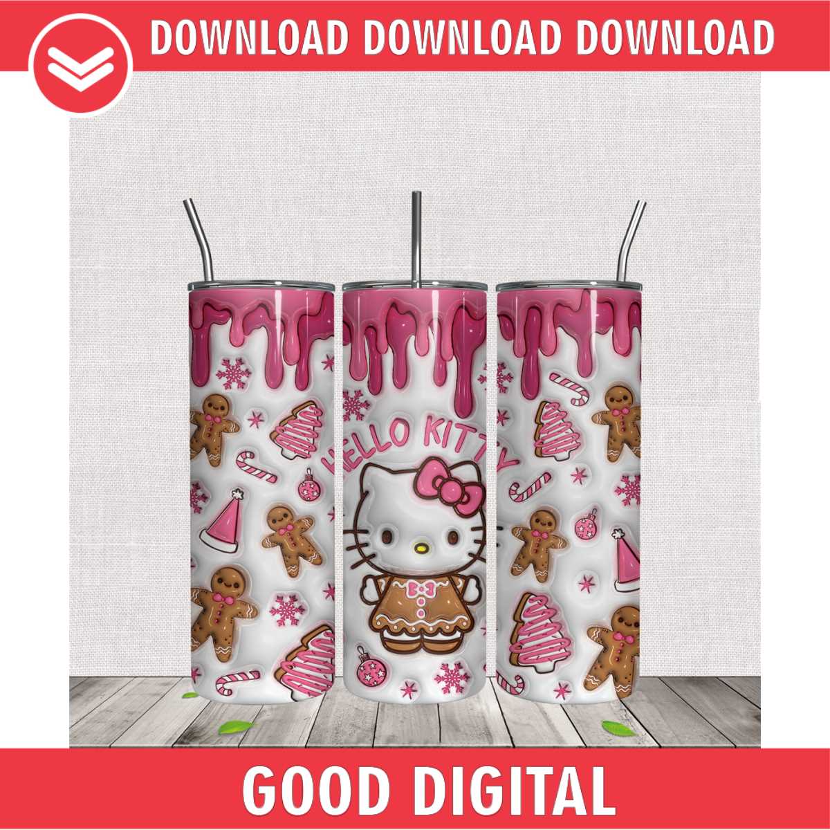 3D Ginger Bread Pink Kitty Christmas Tumbler Wrap PNG | Inspire Uplift