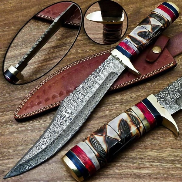 Damascus Steel Hunting Bowie Knife With Handmade Cow Leather | Inspire ...
