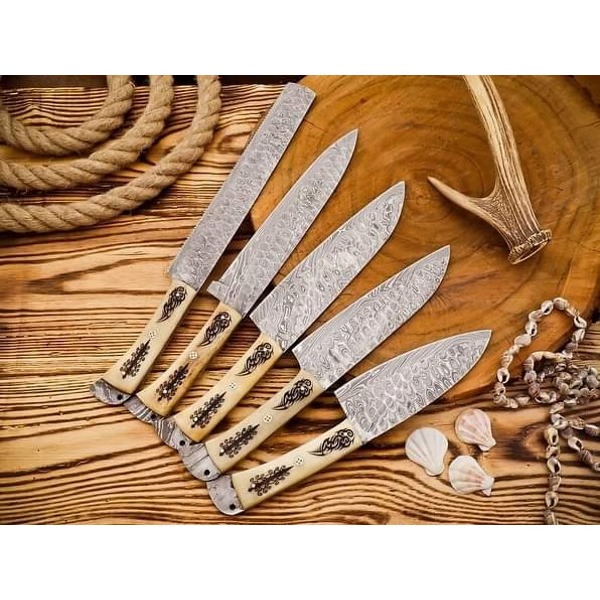 Handmade Damascus Steel Chef Set 5 pieces With Leather Sheat | Inspire ...