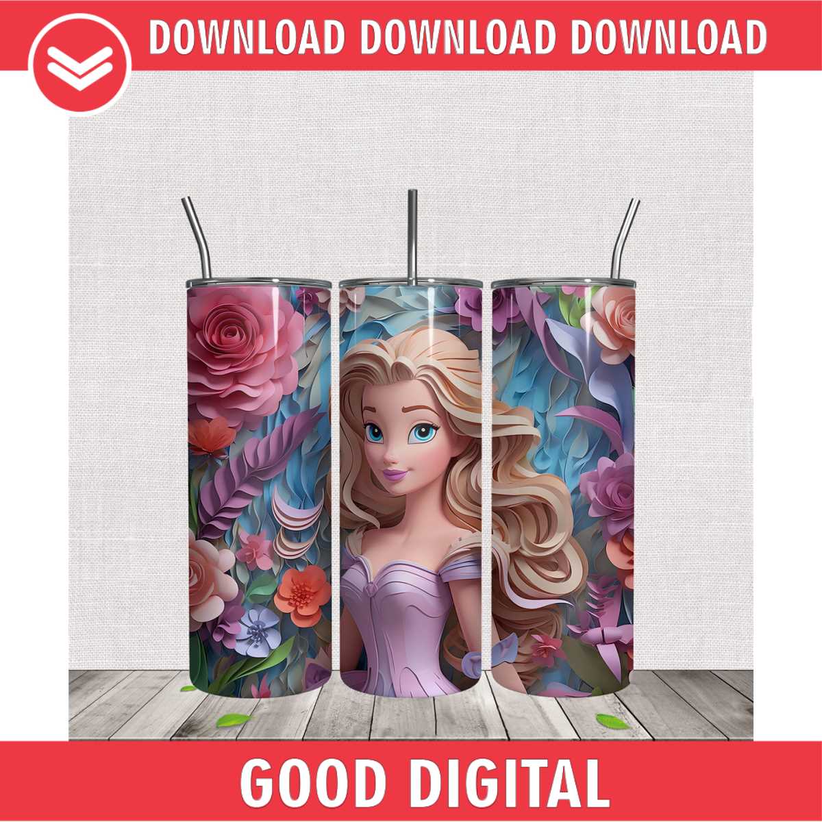 Floral Princess Rapunzel 3D Skinny Tumbler Wrap PNG - Inspire Uplift